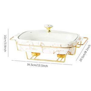 Ceramics Chafing Dish Buffet Set,Marble Finish Chafers and Buffet Warmers Sets,Food Warmer with Gold Accents,Rectangular Chafers Server with Glass Lid for Buffet Home Banquets Restaurant