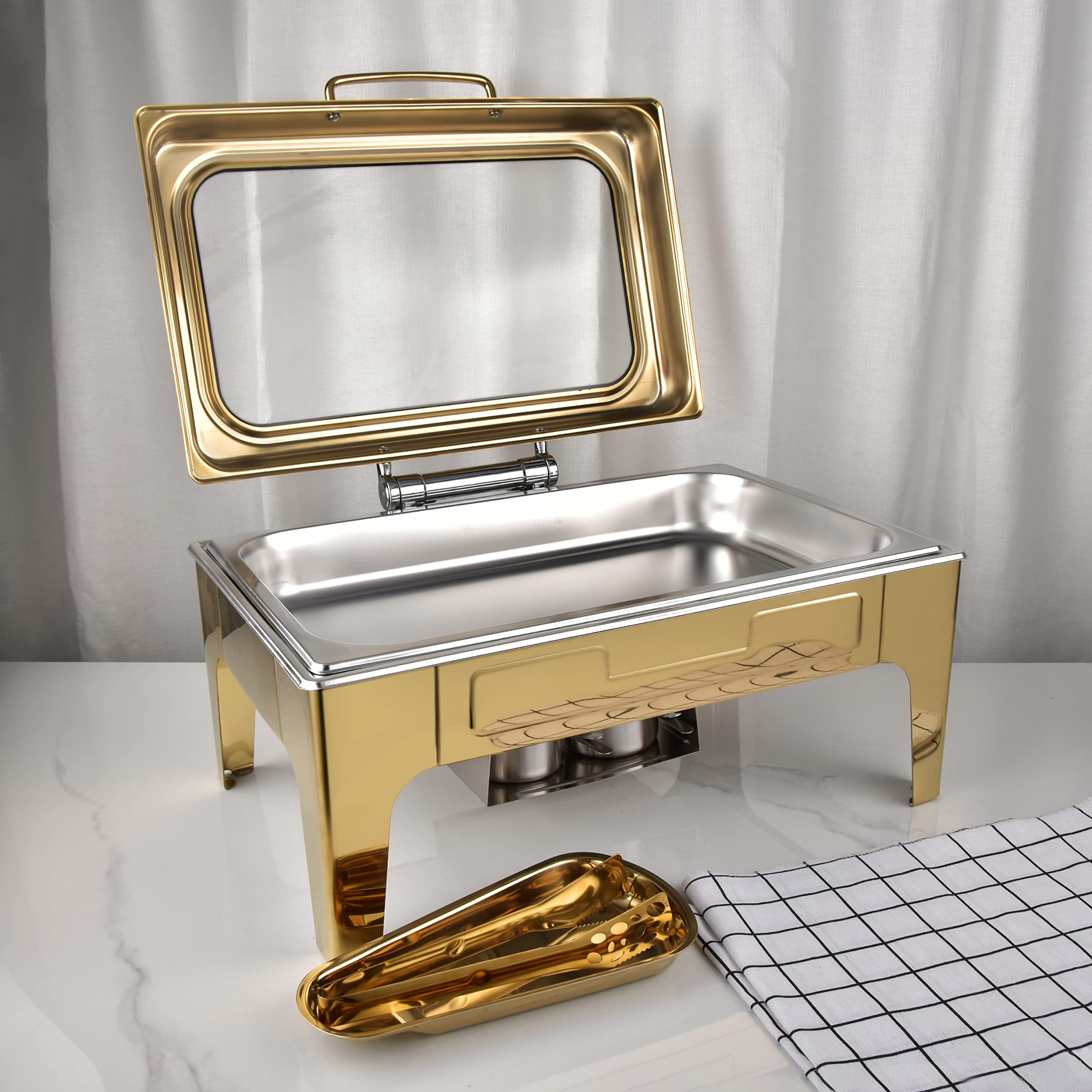 HONHPD 10L Gold Stainless Steel Buffet Stove, Heating Square Heat Preservation Stove Chafing Dish Hydraulic Glass Cover Buffet Stove, Suitable For Hotels, Restaurants, Parties