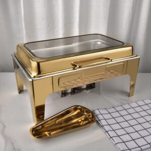 HONHPD 10L Gold Stainless Steel Buffet Stove, Heating Square Heat Preservation Stove Chafing Dish Hydraulic Glass Cover Buffet Stove, Suitable For Hotels, Restaurants, Parties