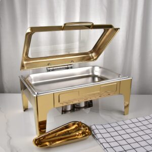 HONHPD 10L Gold Stainless Steel Buffet Stove, Heating Square Heat Preservation Stove Chafing Dish Hydraulic Glass Cover Buffet Stove, Suitable For Hotels, Restaurants, Parties