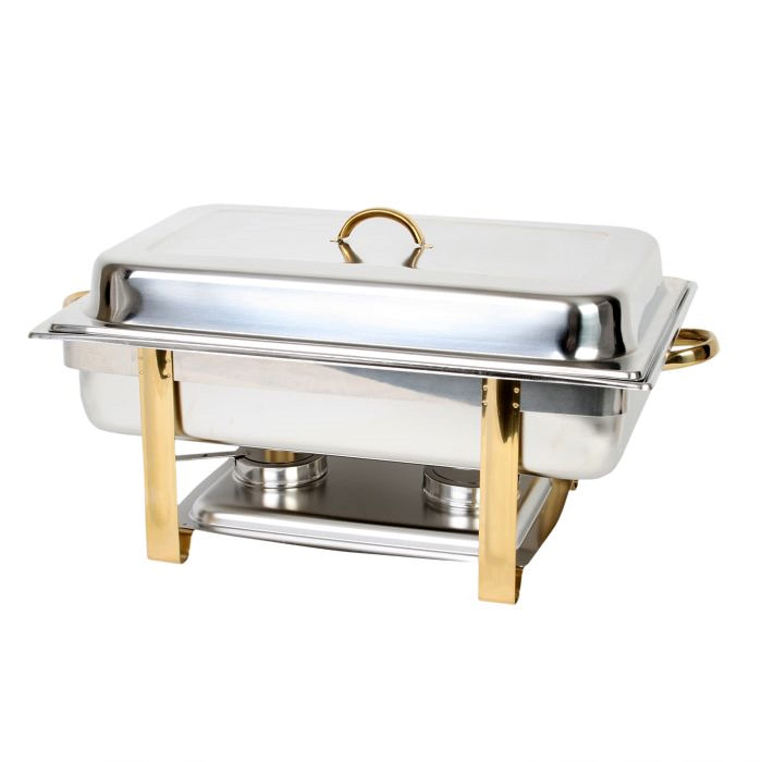 TrueCraftware 8 Qt. Full Size Stainless Steel Oblong Chafing Dish Gold Accent Complete Set- Chafers and Buffet Warmer Sets for Catering Event Party Holiday Buffet Weddings Catering