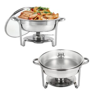 restlrious chafing dish buffet set 2 pack round stainless steel chafers and buffet warmers sets glass lid, 5 qt full size set w/water pan, food pan, fuel holder for catering event