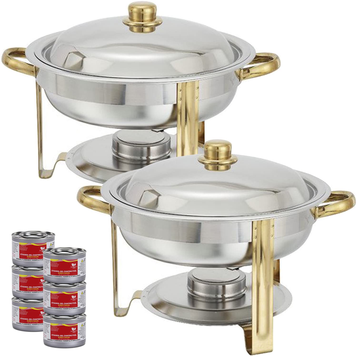 Round Chafing Dish Buffet Set with Fuel Water Pans + Food Pans (4 qt) + Frames + Lids + Fuel Holders + 6 Fuel Cans, 2 Full Warmer