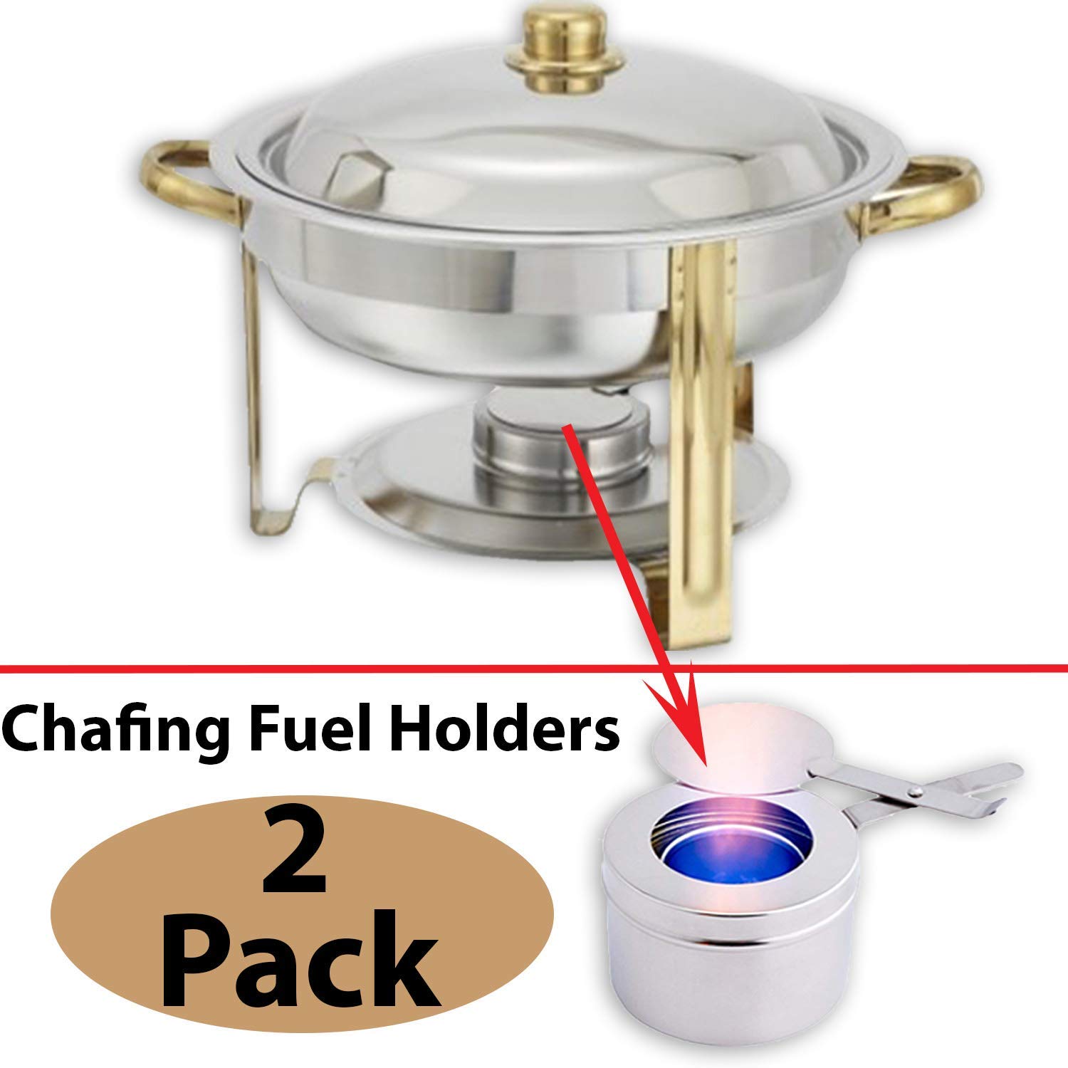 Round Chafing Dish Buffet Set with Fuel Water Pans + Food Pans (4 qt) + Frames + Lids + Fuel Holders + 6 Fuel Cans, 2 Full Warmer