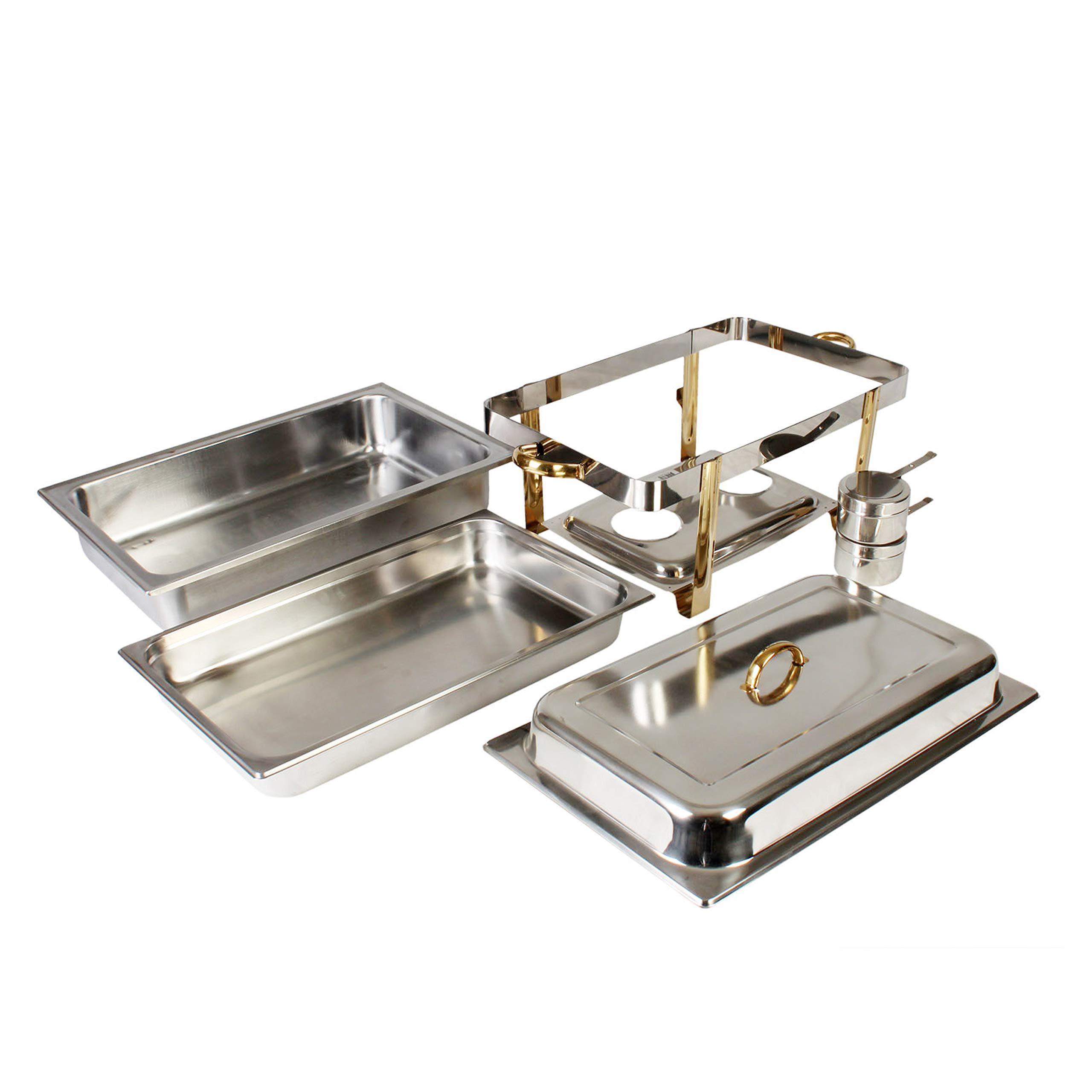 Thunder Group SLRCF0833GH Chafer, 8 quart, full-size, oblong, dripless water pan, lift-off lid, fuel holder and plate, gold handles and support beams, stainless steel