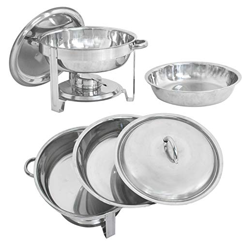 Saturnpower Stainless Steel Round Dish 5 Quart Tray Buffet Catering, Round Buffet Servers, Full Size Dinner Serving Buffer Warmer Set w/Food and Water Pan, Lid, Solid Stand and Fuel Holder (2)