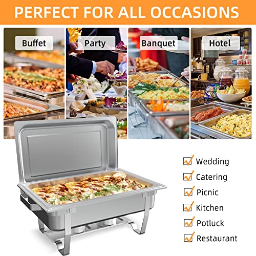 TLOG 8 Qt Stainless Steel Chafing Dish Buffet Set 2-Pack, Chafers and Buffet Warmers, Complete Chafer Set w/Water Pan, Food Pan, Fuel Holders, and Lid for Parties/Dinners/Catering/Weddings