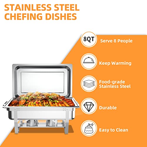 TLOG 8 Qt Stainless Steel Chafing Dish Buffet Set 2-Pack, Chafers and Buffet Warmers, Complete Chafer Set w/Water Pan, Food Pan, Fuel Holders, and Lid for Parties/Dinners/Catering/Weddings