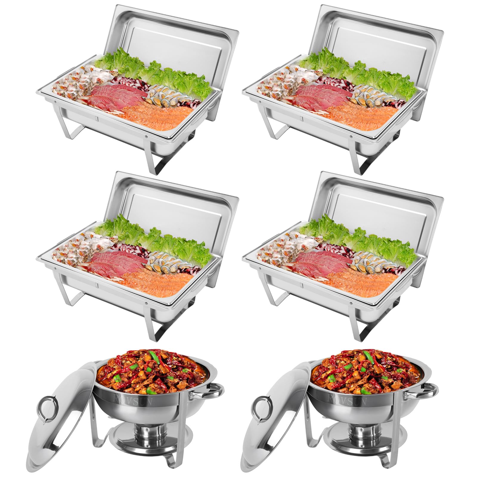 ROVSUN Chafing Dish Buffet Set,4 Rectangular + 2 Round Stainless Steel Chaffing Dishes Silver,Catering Warmer Set Food Warmer with Thick Stand Frame,Food Pans for Wedding Parties Buffets