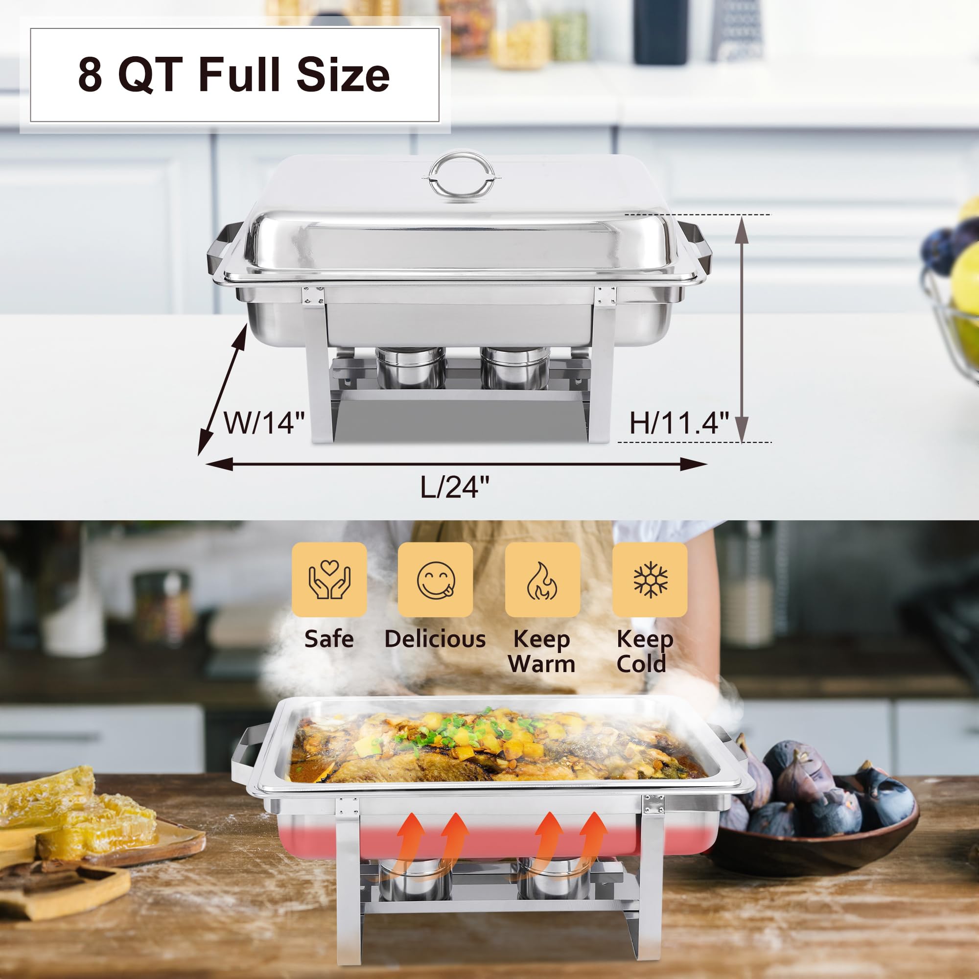 ZENY 6 Packs Chafing Dish Buffet Set, 8 Quart Stainless Steel Buffet Servers and Warmers for Party Catering, Complete Chafer Set with Water Pan, Chafing Fuel Holder