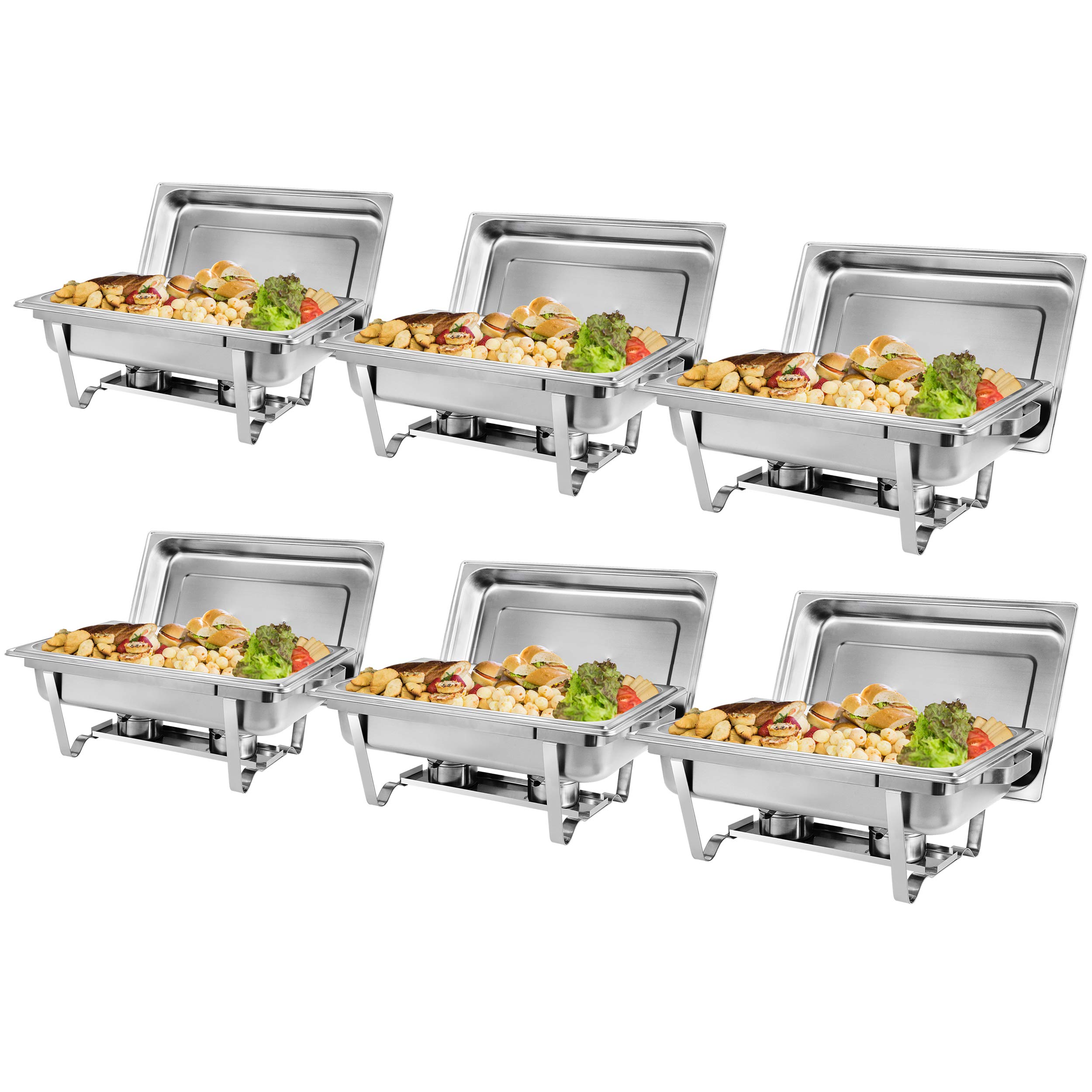 Oteymart Pack of 6 Chafing Dish Buffet Server Warming Tray Chafer Full Size Stainless Rectangular Dish Set Buffet Catering Party Events Utensils w/Fuel Holder Deep Food Pan