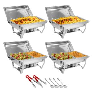 snowtaros 4 pack 8qt chafing dish buffet set, stainless steel food warmer set, rectangular buffet server with tongs & spoons for parties, catering, banquets, events (2 full size + 2 half size)