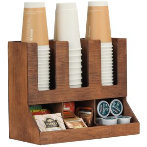 TQVAI Bamboo Coffee Station Organizer, 6 Compartments Condiment Rack Breakroom Accessories Caddy for K Pods, Snack, Tea Bags, Disposable Cups, Retro Brown