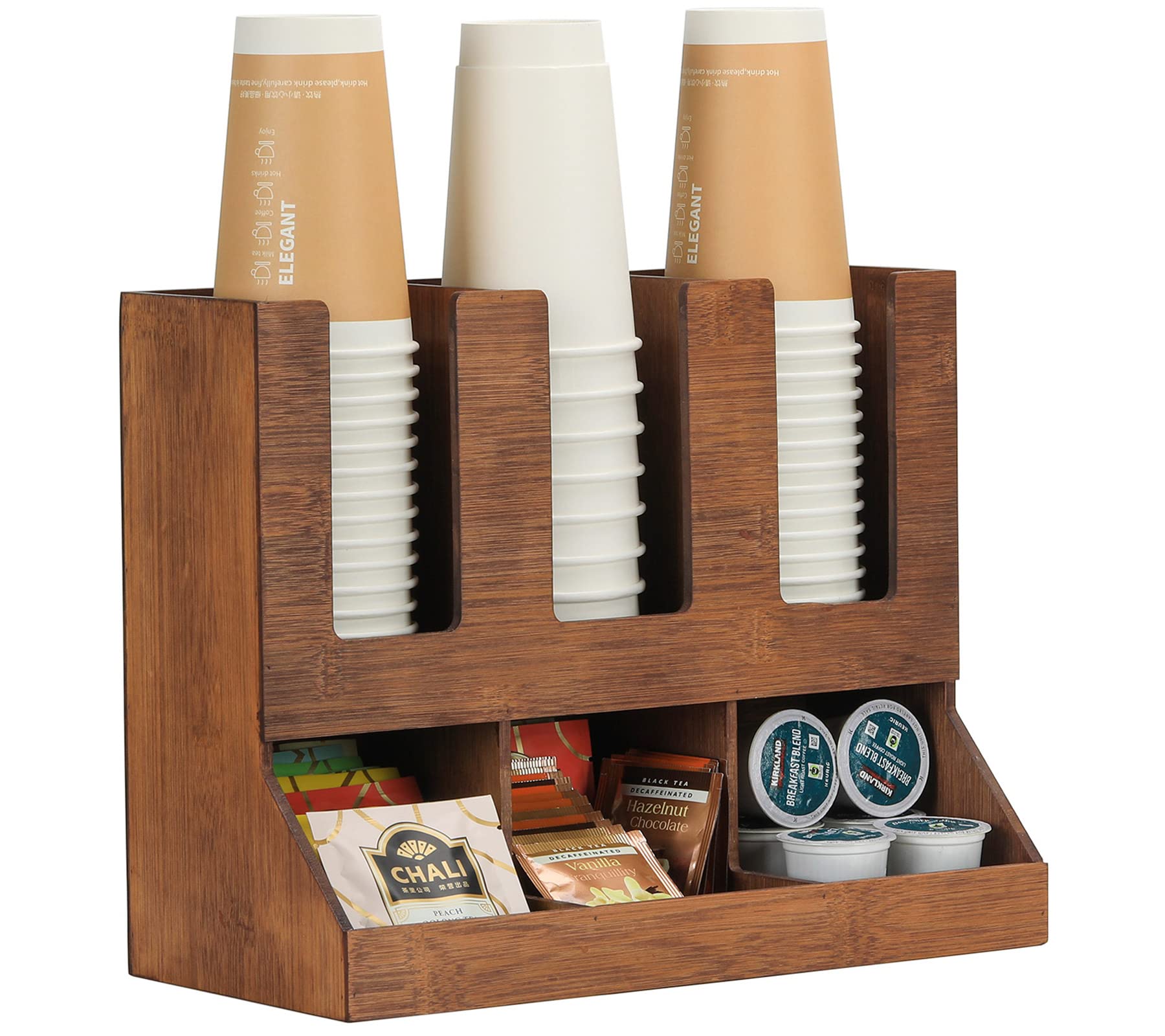 TQVAI Bamboo Coffee Station Organizer, 6 Compartments Condiment Rack Breakroom Accessories Caddy for K Pods, Snack, Tea Bags, Disposable Cups, Retro Brown