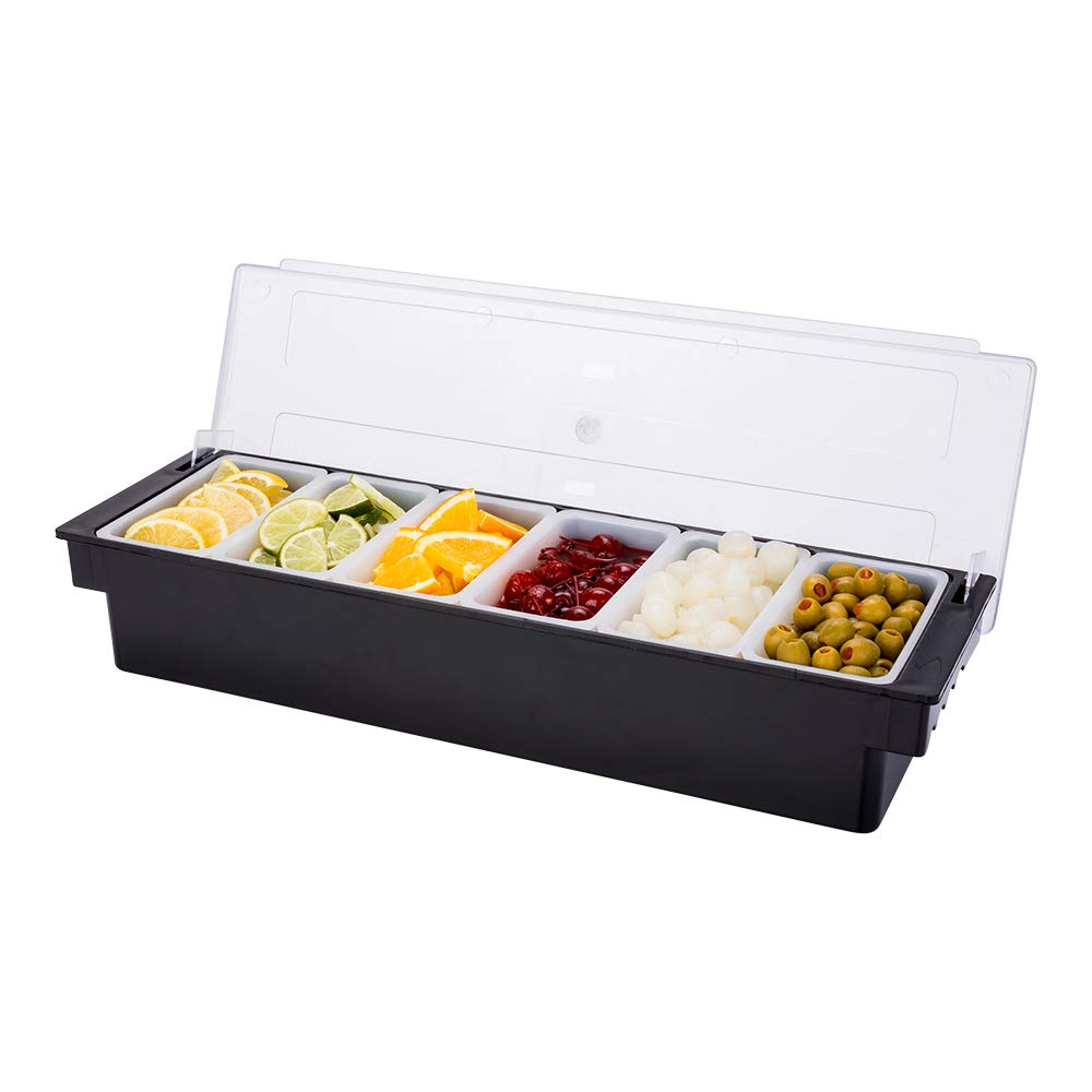 Restaurantware Bar Lux 19.6 x 6.3 x 3.7 Inch Condiment Caddy 1 Durable Bar Caddy - 6 Removable Compartments Built-In Lid Black Plastic Condiment Holder For Restaurant Store Cocktail Garnish