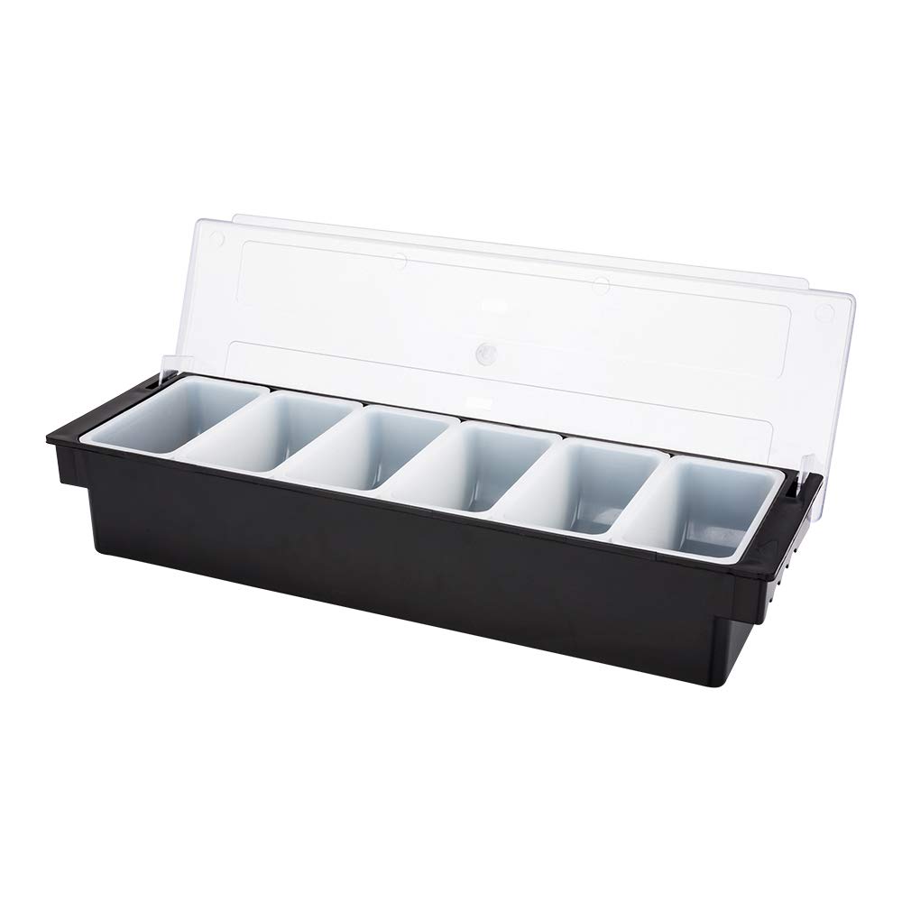 Restaurantware Bar Lux 19.6 x 6.3 x 3.7 Inch Condiment Caddy 1 Durable Bar Caddy - 6 Removable Compartments Built-In Lid Black Plastic Condiment Holder For Restaurant Store Cocktail Garnish