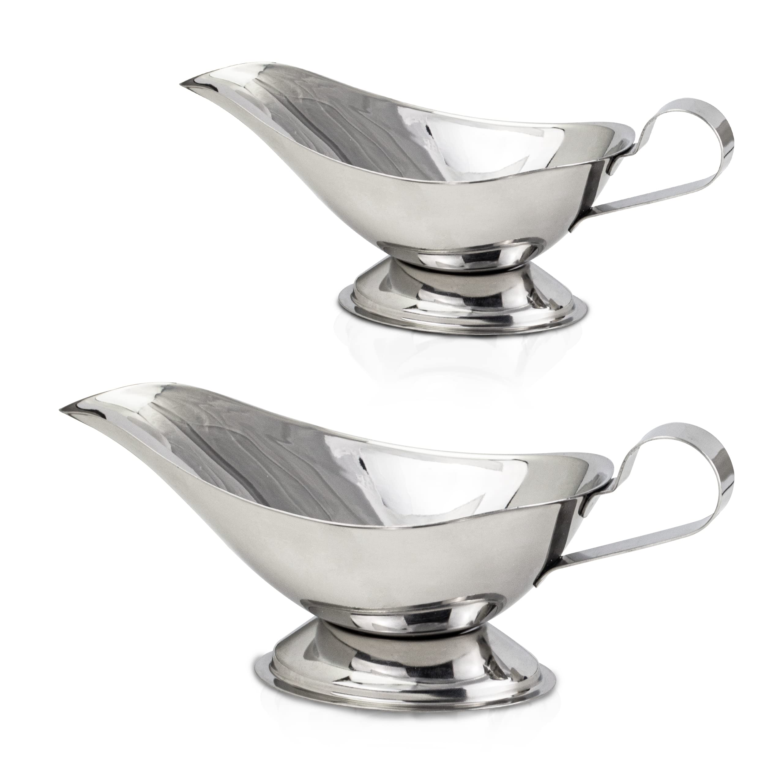 [2 Pack] Stainless Steel Gravy Boat - 10 Oz Elegant Gravy Boats with Classic Lip and Metal Gardoon Base - Stylish Large Gravy Boat for Thick Sauces, Salad Dressings - For Home, Cafe, Restaurant Use