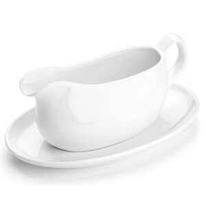 nucookery large 17 oz gravy boat and tray | ergonomic handle | white fine porcelain saucier with big dripless lip spout for gravy, warming sauces, salad dressings, milk | microwave & freezer safe