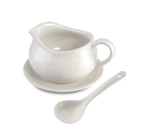 zenvy 24 oz gravy boat | ceramic white gravy dish set (24 oz white) | includes gravy boat, saucer and spoon