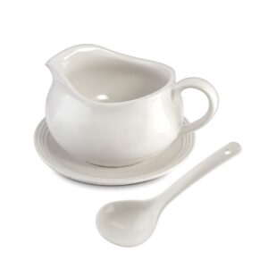 Zenvy 24 Oz Gravy Boat | Ceramic White Gravy Dish Set (24 Oz White) | Includes Gravy Boat, Saucer and Spoon