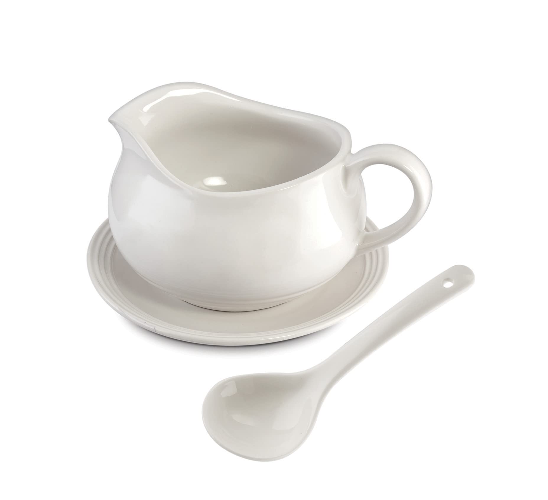 Zenvy 24 Oz Gravy Boat | Ceramic White Gravy Dish Set (24 Oz White) | Includes Gravy Boat, Saucer and Spoon