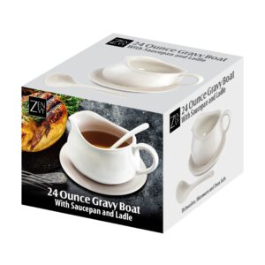 Zenvy 24 Oz Gravy Boat | Ceramic White Gravy Dish Set (24 Oz White) | Includes Gravy Boat, Saucer and Spoon