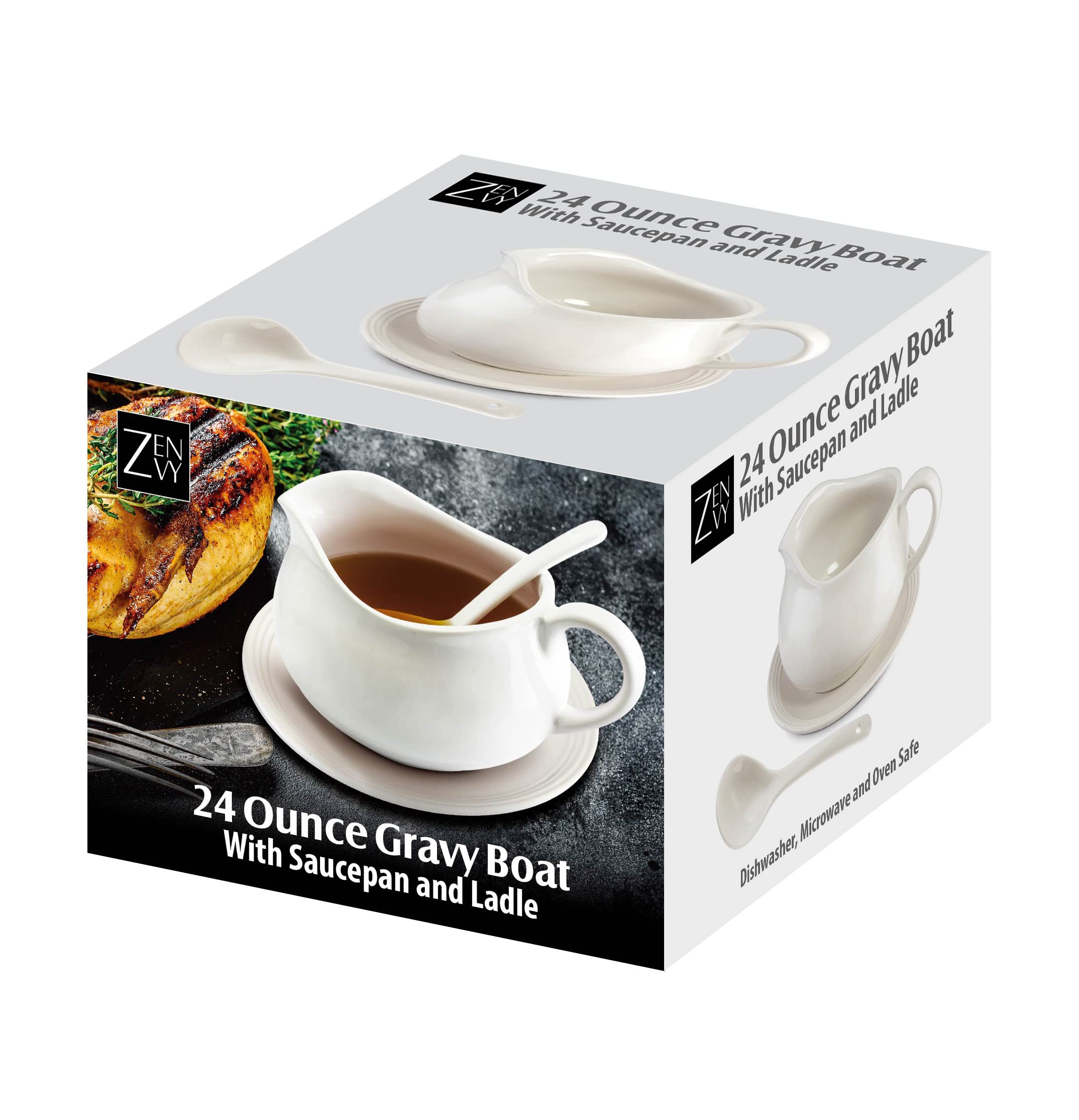 Zenvy 24 Oz Gravy Boat | Ceramic White Gravy Dish Set (24 Oz White) | Includes Gravy Boat, Saucer and Spoon