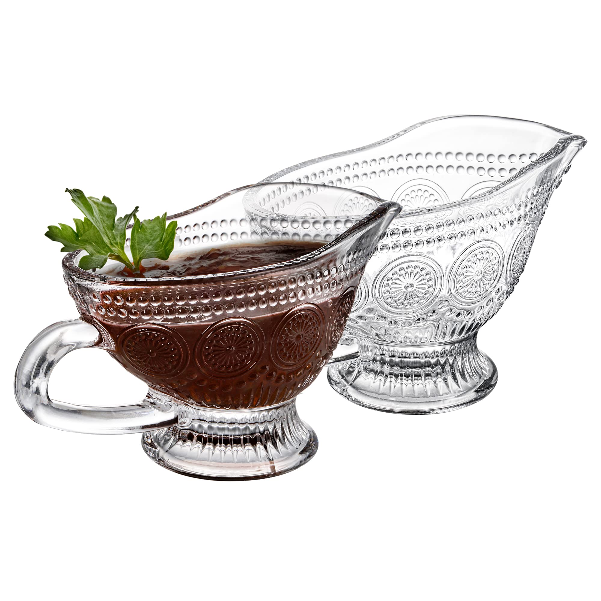 Kingrol 2 Pack 10 oz Gravy Boat for Serving Gravy Sauces Salad Dressings Syrups Coffee Milk, Glass Creamer Pitcher with Vintage Embossed Design