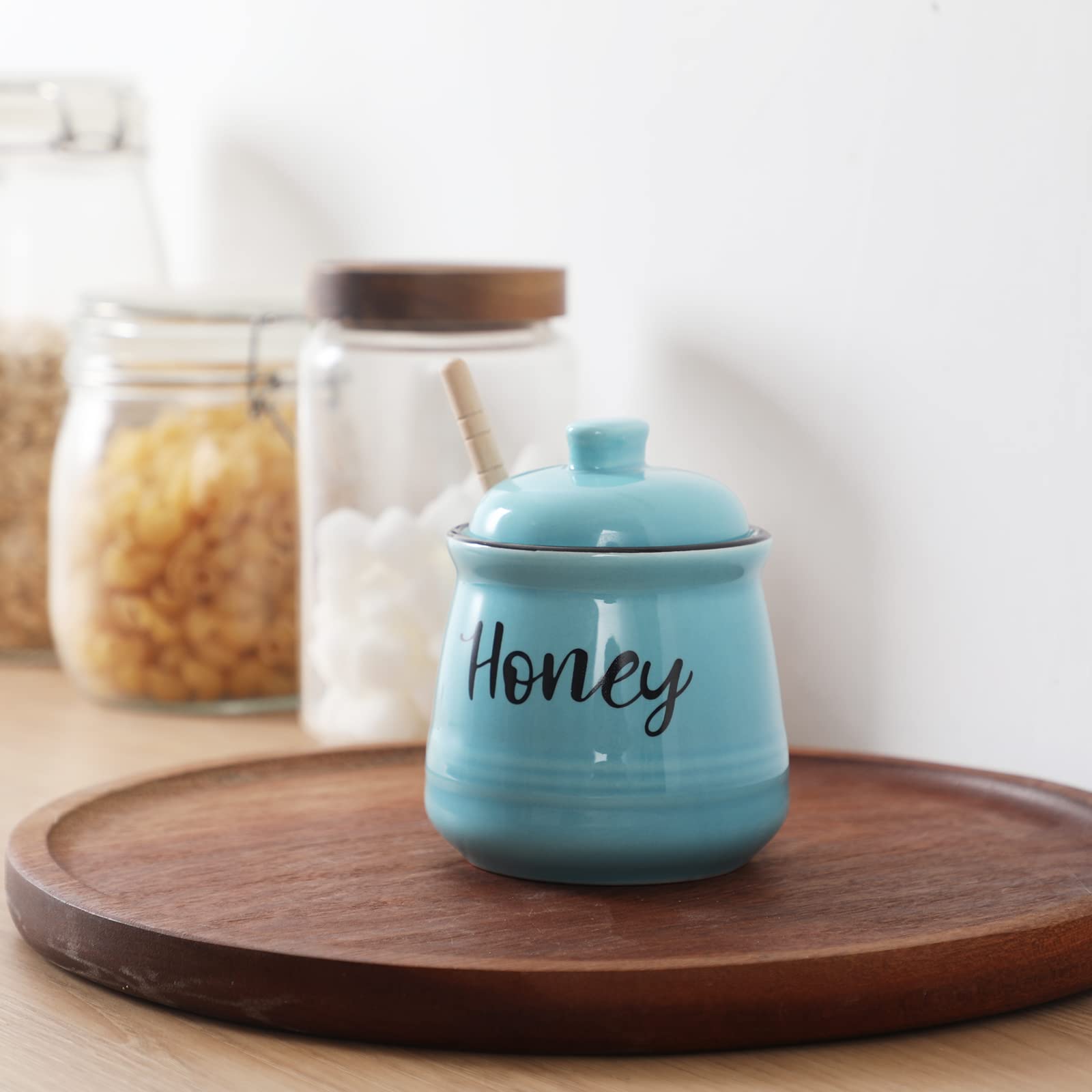 HAOTOP Farmhouse Porcelain Honey Jar with Dipper and Lid Set 12oz,Easy to Clean (Turquoise)