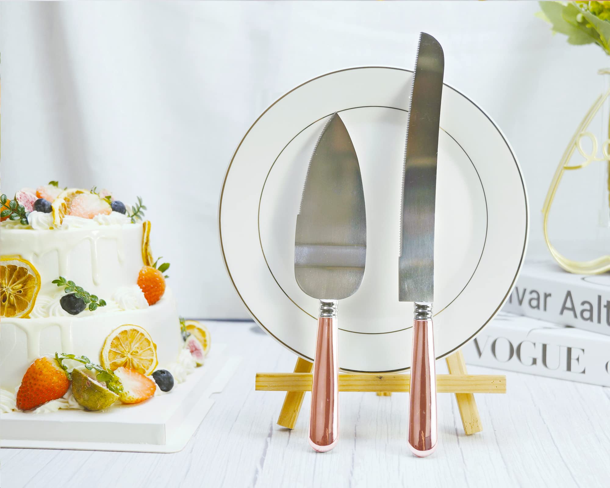 VARLKA Wedding Cake Knife and Server Set, Cake Cutting Set for Wedding Stainless Steel Blade and ABS Rose Gold plated handle Pie Server for Wedding, Birthdays, Anniversary, Parties