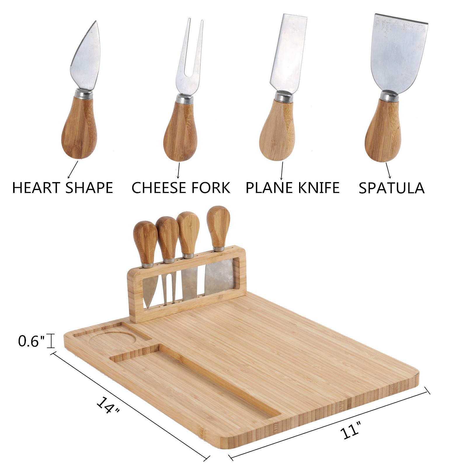 PENGKE Bamboo Cheese Board Set with 4 Stainless Steel Cheese Knives, Charcuterie Platter,Serving Tray for Crackers,Brie and Meat,Perfect Choice for Gift