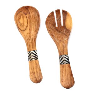 olive wood twisted salad serving set