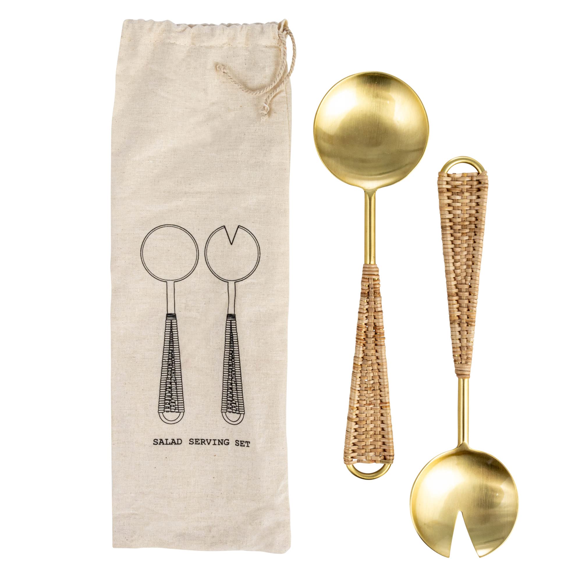 Bloomingville Scandinavian Stainless Steel Rattan Wrapped Handles in Printed Drawstring Bag, Gold and Natural Salad Server