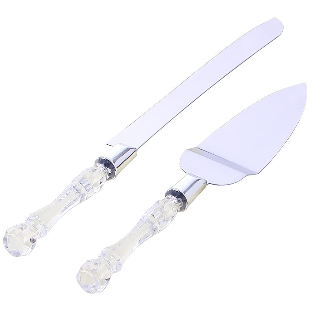 UUYYEO 2 Pcs Faux Crystal Handle Cake Knife and Server Set Pie Pastry Servers Perfect For Wedding Birthday Parties