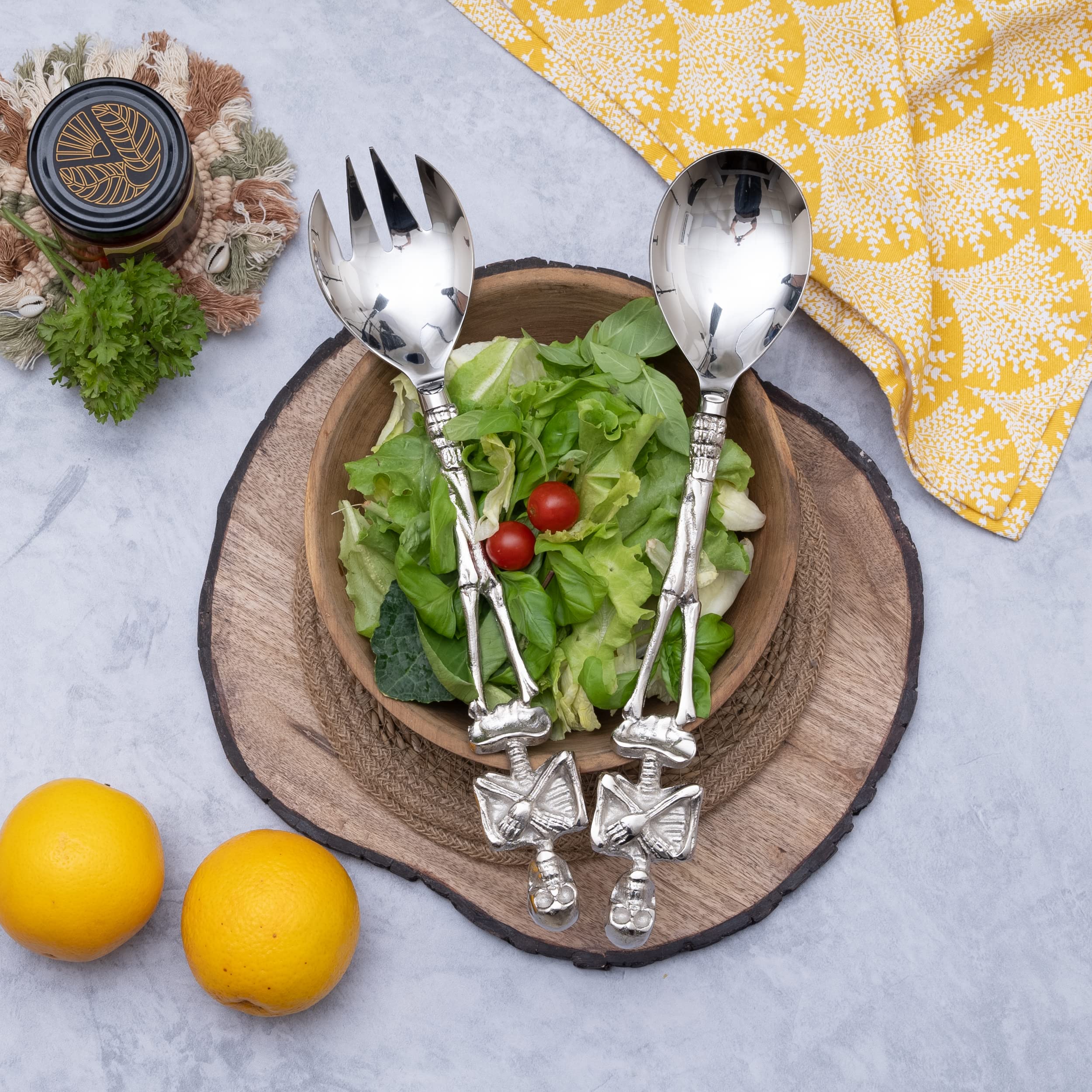 Skeleton Hands Salad Server Tongs, Fork & Spoon Set by Gute - Skull Gothic Flatware, Goth Gifts, Skull Spooky Gift Set, Serveware Home Decor Stainless Steel Polished