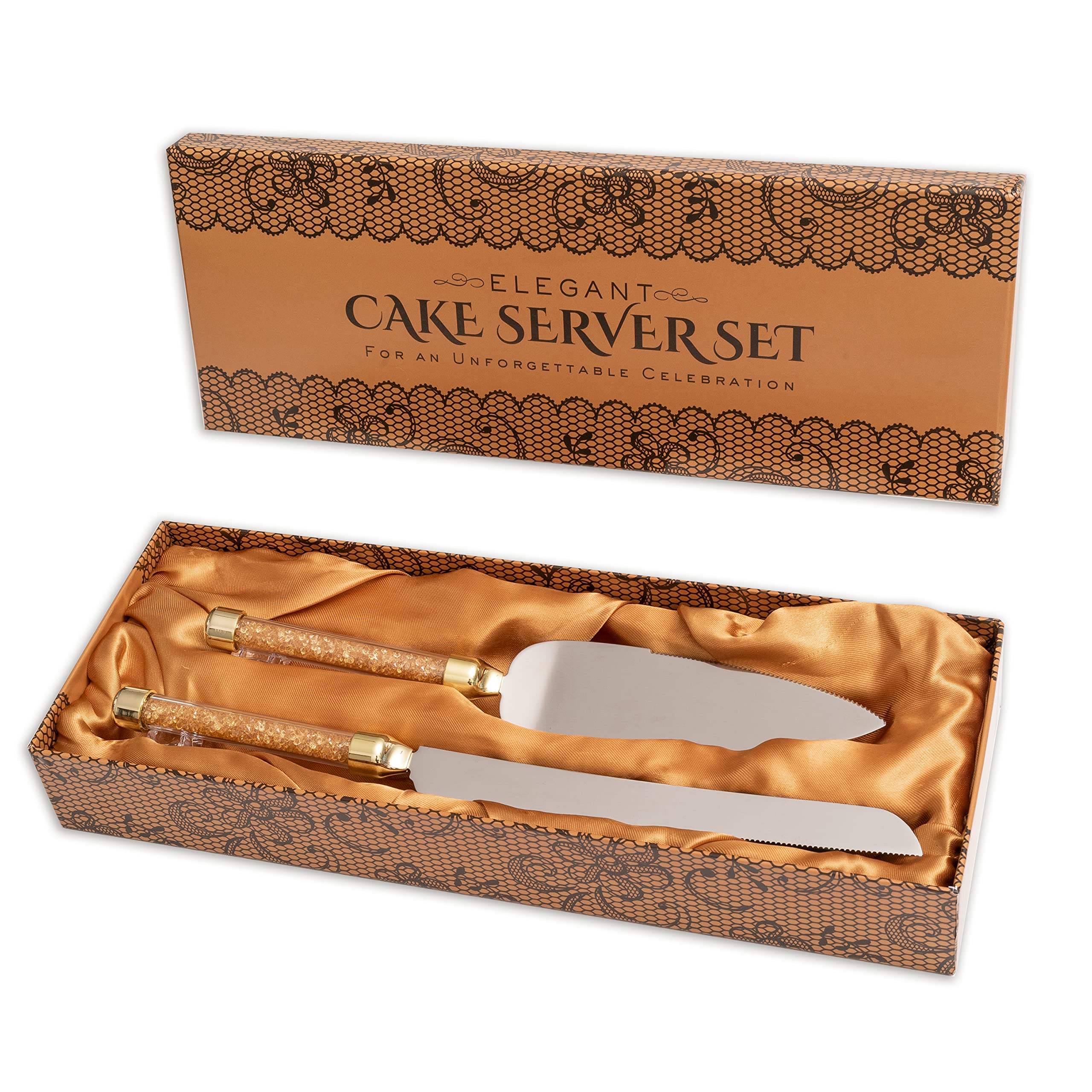 Cake Knife And Server Set With Gold Glittering Bead Handles - Packaged in a Gift box- Gift Idea For Weddings, Birthdays, Anniversaries