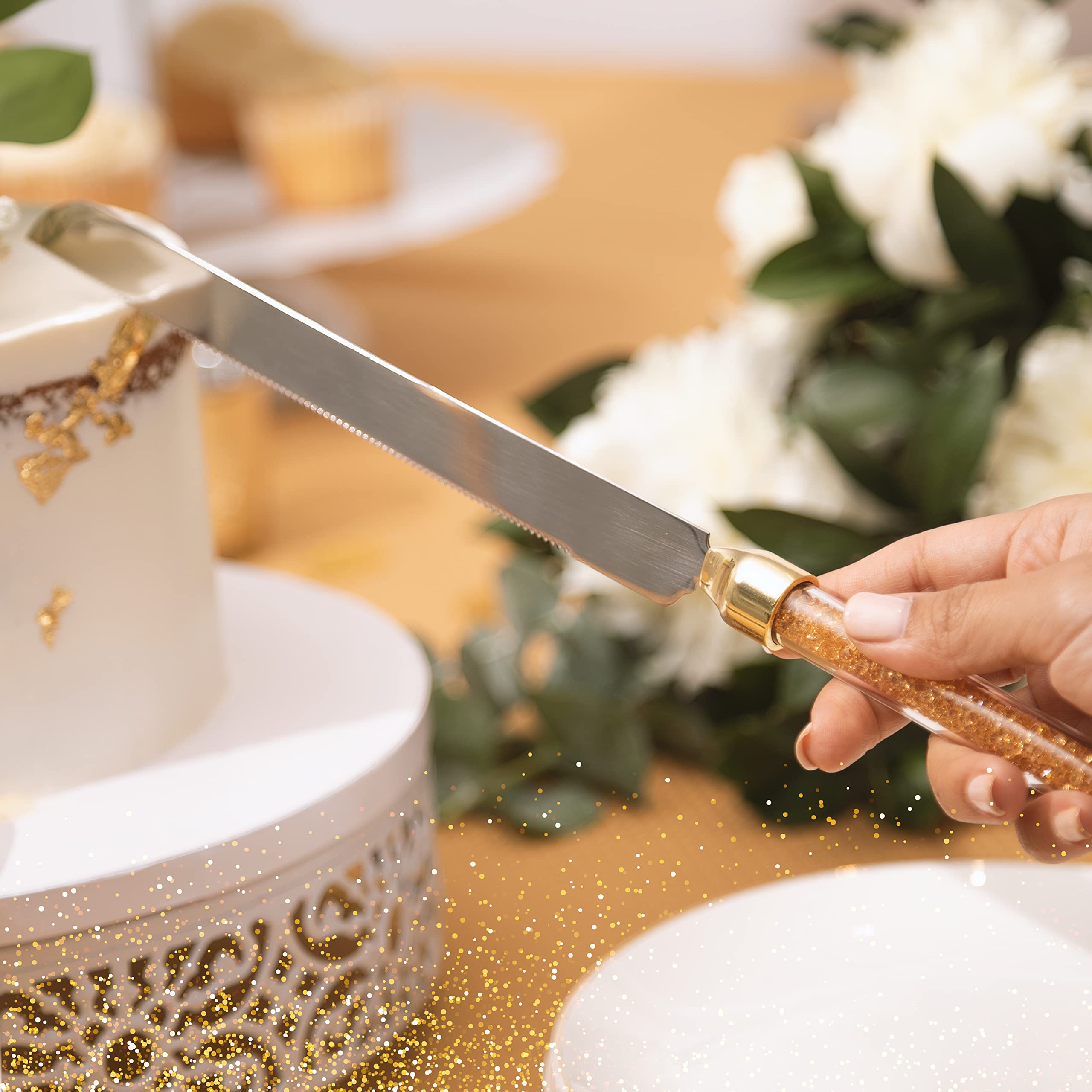 Cake Knife And Server Set With Gold Glittering Bead Handles - Packaged in a Gift box- Gift Idea For Weddings, Birthdays, Anniversaries