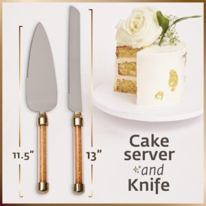 Cake Knife And Server Set With Gold Glittering Bead Handles - Packaged in a Gift box- Gift Idea For Weddings, Birthdays, Anniversaries