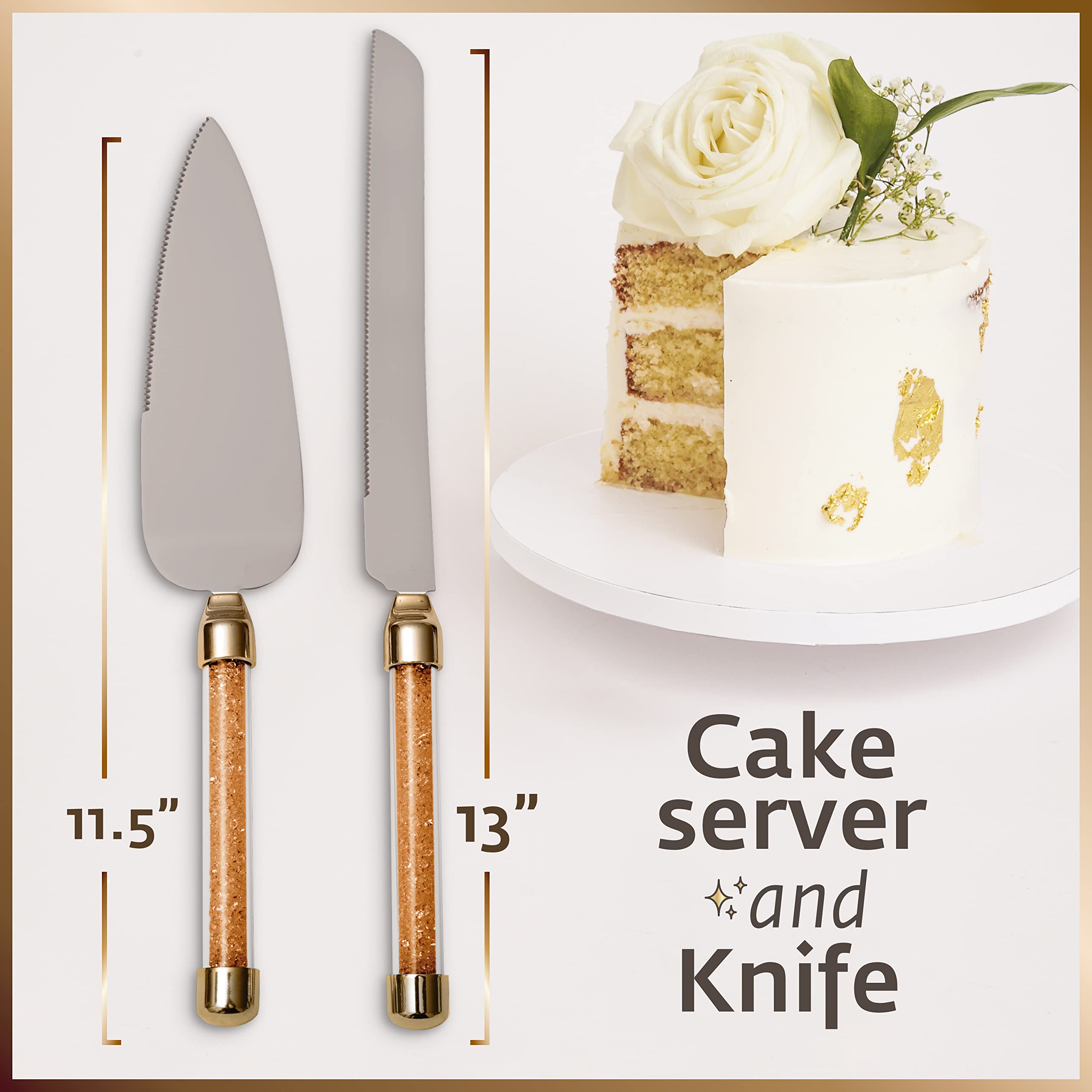 Cake Knife And Server Set With Gold Glittering Bead Handles - Packaged in a Gift box- Gift Idea For Weddings, Birthdays, Anniversaries