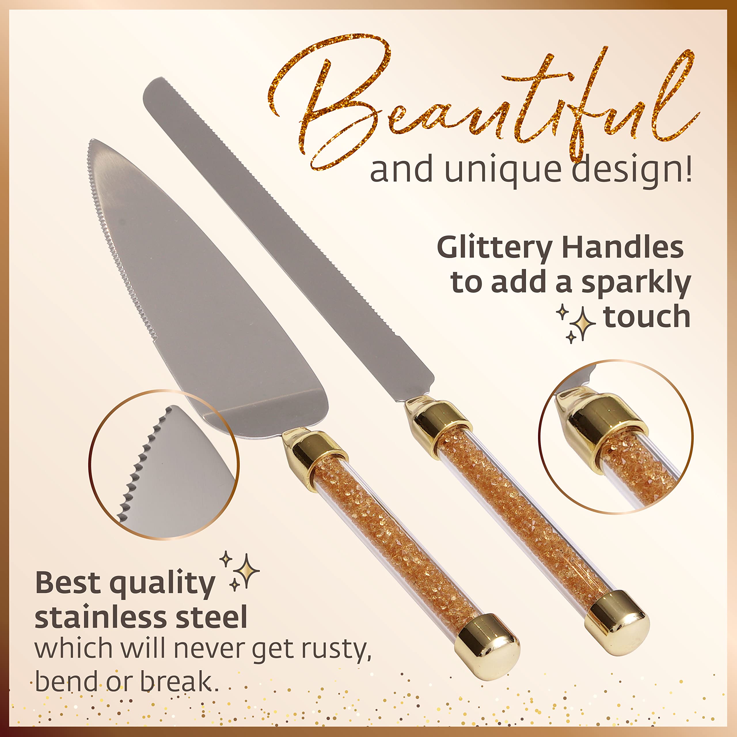 Cake Knife And Server Set With Gold Glittering Bead Handles - Packaged in a Gift box- Gift Idea For Weddings, Birthdays, Anniversaries