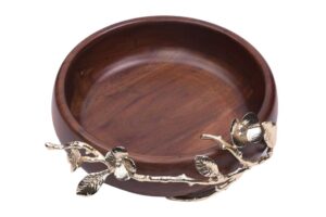 wooden bowl with decorative brass branch handle - large wood serving dish for salad, popcorn, and chips - versatile fruit bowl and serving bowl - essential kitchen counter serveware