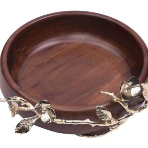 Wooden Bowl with Decorative Brass Branch Handle - Large Wood Serving Dish for Salad, Popcorn, and Chips - Versatile Fruit Bowl and Serving Bowl - Essential Kitchen Counter Serveware