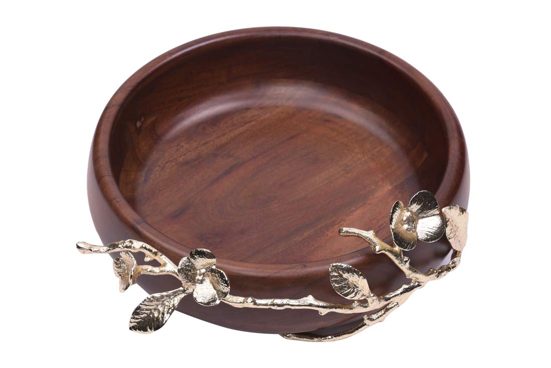 Wooden Bowl with Decorative Brass Branch Handle - Large Wood Serving Dish for Salad, Popcorn, and Chips - Versatile Fruit Bowl and Serving Bowl - Essential Kitchen Counter Serveware