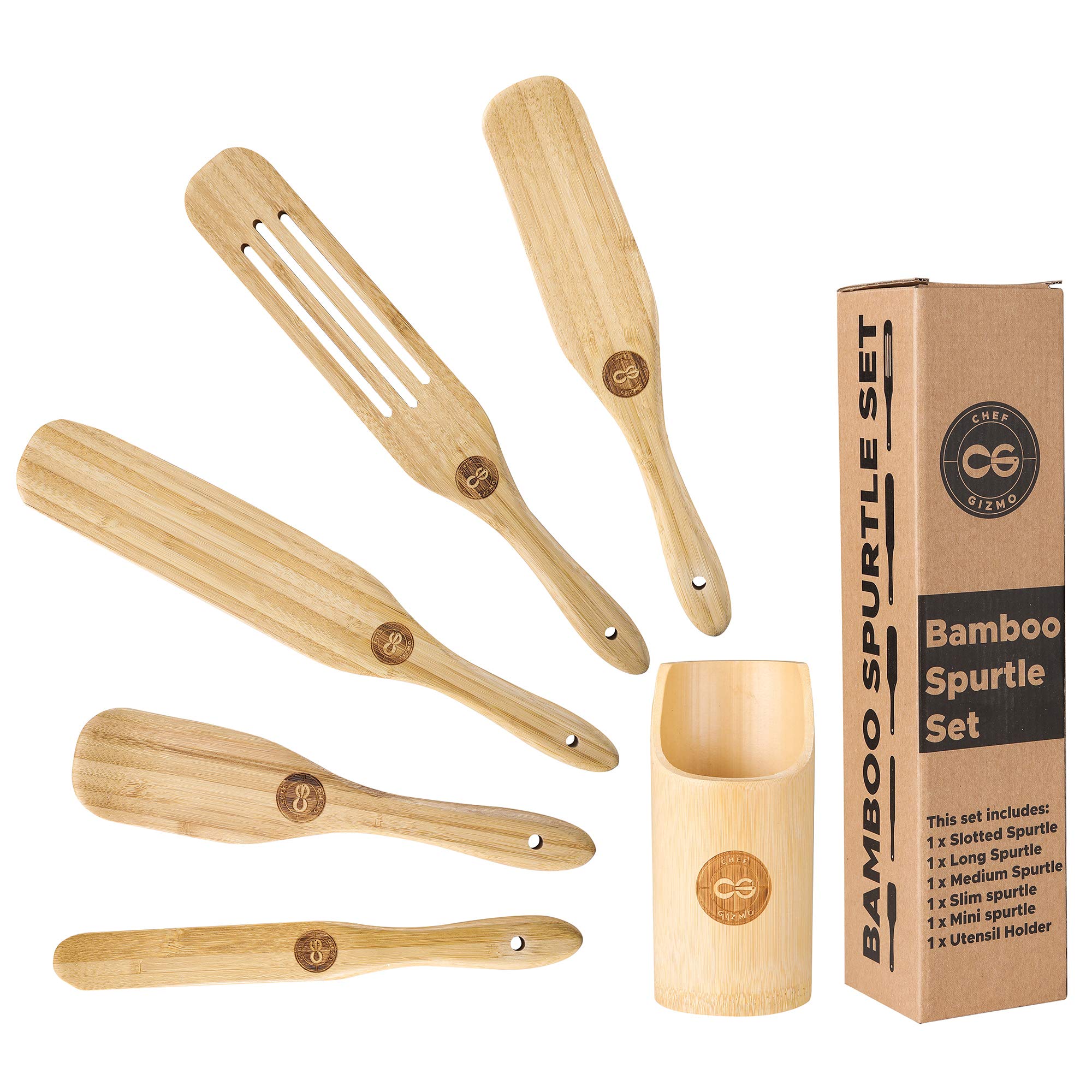 Spurtle Set Bamboo Spurtles Kitchen Tools - Spurtle Wooden cooking Utensils set - Nonstick wooden Cooking Utensils- Wooden Spurtle Set 5 spatula with Utensil holder-Stir, Scrape, Smash.