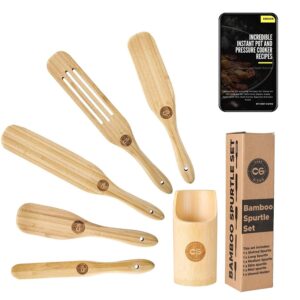 Spurtle Set Bamboo Spurtles Kitchen Tools - Spurtle Wooden cooking Utensils set - Nonstick wooden Cooking Utensils- Wooden Spurtle Set 5 spatula with Utensil holder-Stir, Scrape, Smash.