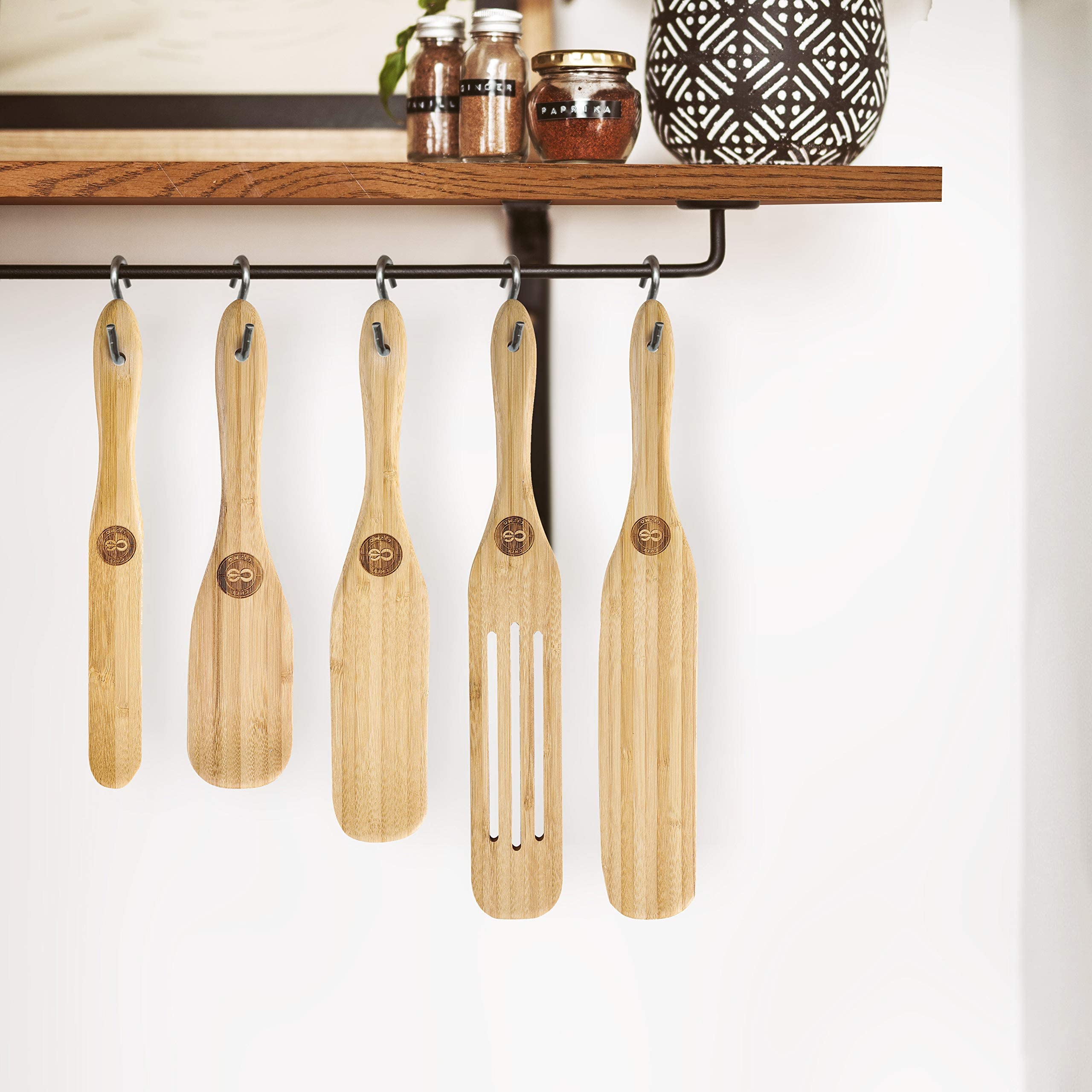 Spurtle Set Bamboo Spurtles Kitchen Tools - Spurtle Wooden cooking Utensils set - Nonstick wooden Cooking Utensils- Wooden Spurtle Set 5 spatula with Utensil holder-Stir, Scrape, Smash.