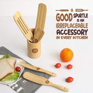 Spurtle Set Bamboo Spurtles Kitchen Tools - Spurtle Wooden cooking Utensils set - Nonstick wooden Cooking Utensils- Wooden Spurtle Set 5 spatula with Utensil holder-Stir, Scrape, Smash.