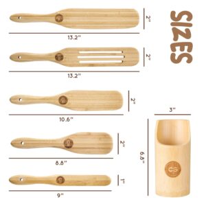 Spurtle Set Bamboo Spurtles Kitchen Tools - Spurtle Wooden cooking Utensils set - Nonstick wooden Cooking Utensils- Wooden Spurtle Set 5 spatula with Utensil holder-Stir, Scrape, Smash.