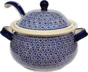 polish pottery soup tureen with ladle zaklady ceramiczne boleslawiec 1004/1367-120 classic pattern, 13.4 cups