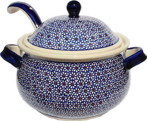 Polish Pottery Soup Tureen with Ladle Zaklady Ceramiczne Boleslawiec 1004/1367-120 Classic Pattern, 13.4 cups